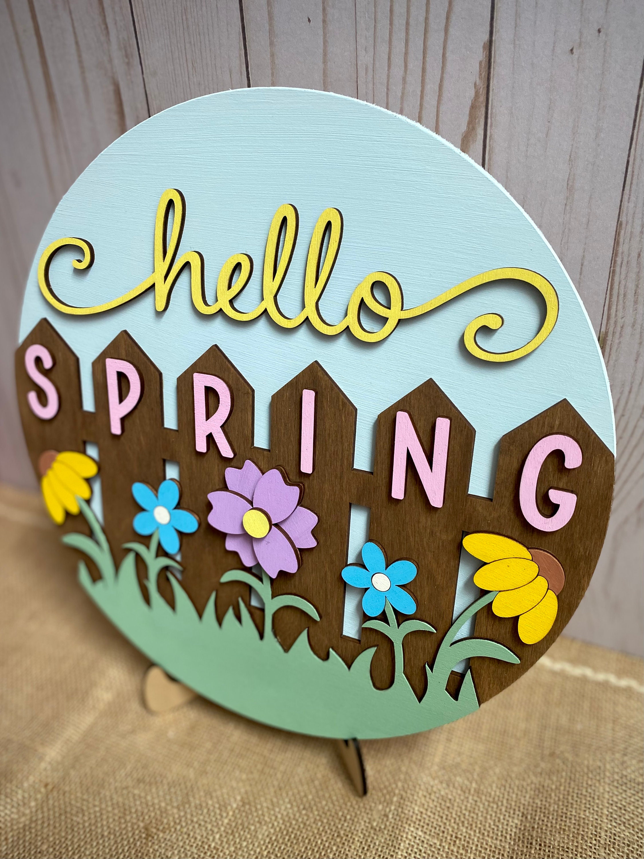 Hello Spring Wood Round - 12" Wood Round Sign - Spring Flowers Decor ...