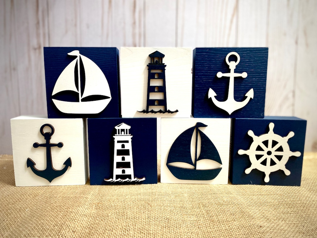 4" Nautical Wood Blocks - Sailboat Lighthouse Anchor Wheel - Beach ...