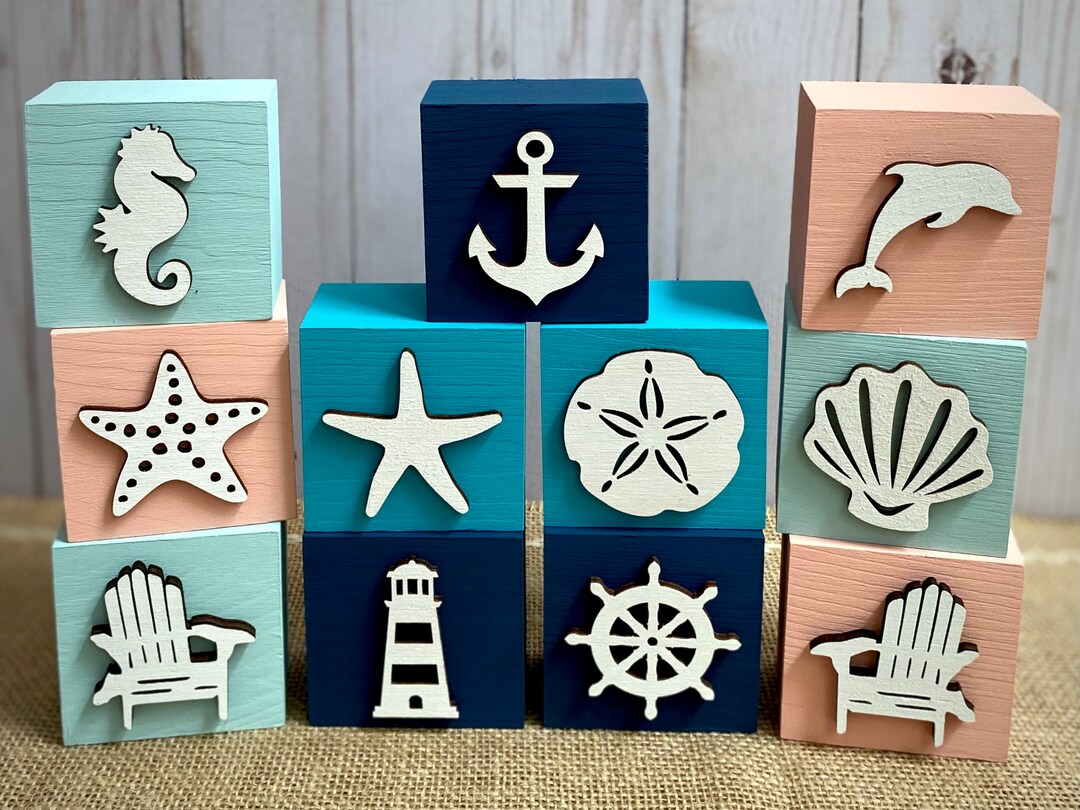 Coastal Nautical Wood Blocks Beach House Decor Beach Vacation Tiered Tray Decor Summer Shelf ...