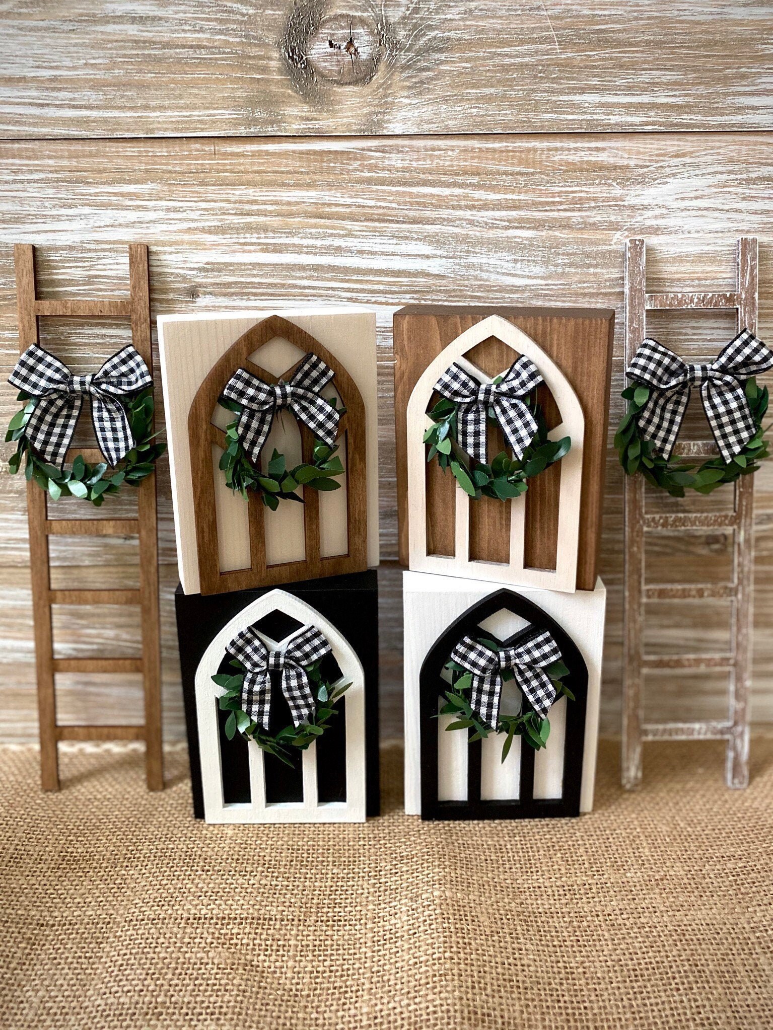 Mini Cathedral Window Wood Blocks - Miniature Wreath - Buffalo Plaid ...