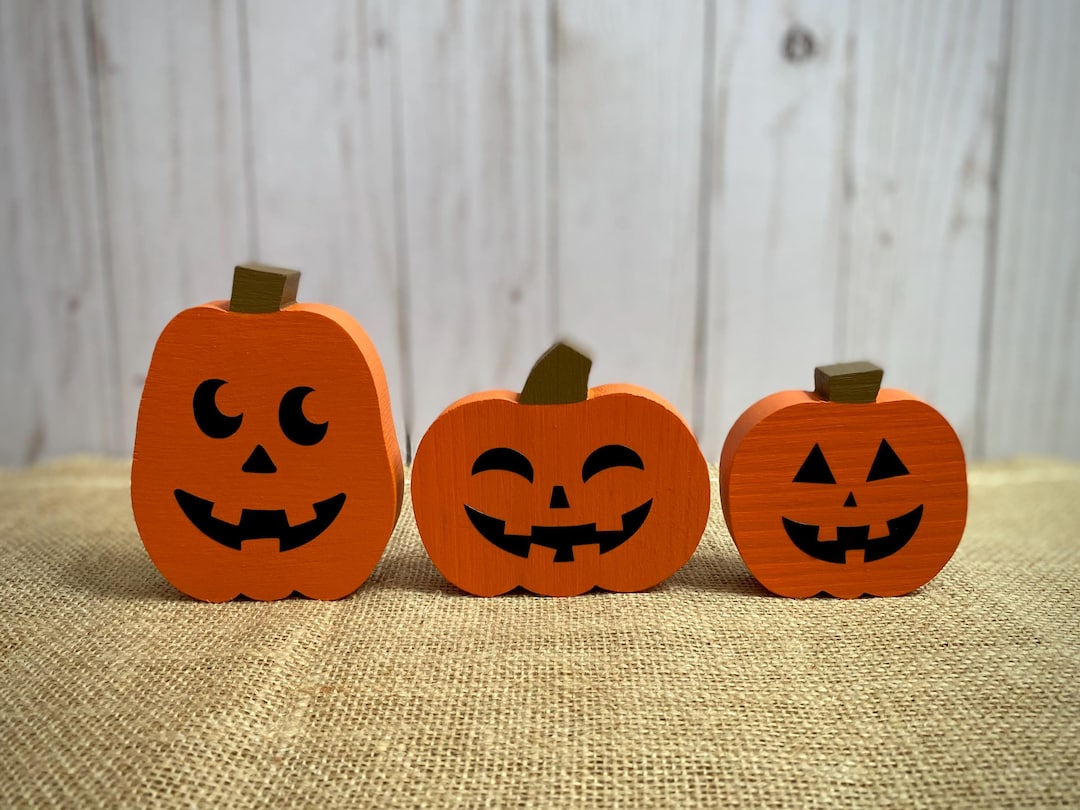 Set of 3 Small Wood Jack O'lanterns - Halloween Tiered Tray Decor ...
