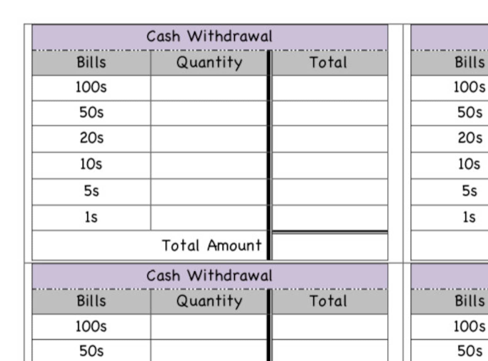 Printable Cash Withdrawal/breakdown Slips Bank Teller Slips Cash ...