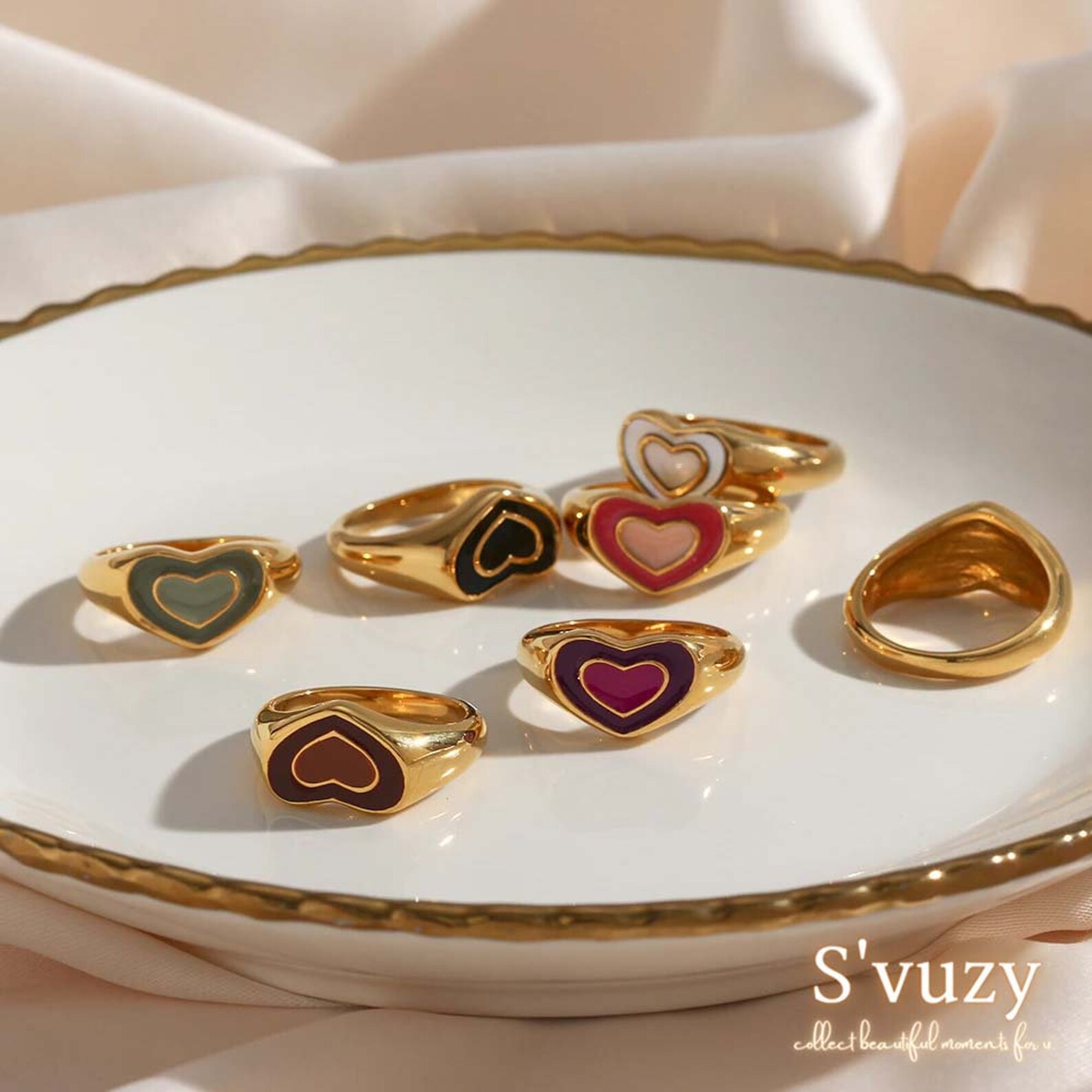 18k Gold Heart Ring Colorful Enamel Heart Ring Summer - Etsy