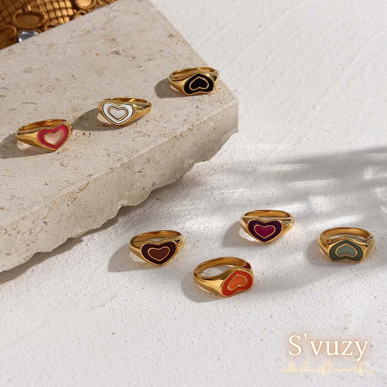 18k Gold Heart Ring Colorful Enamel Heart Ring Summer - Etsy