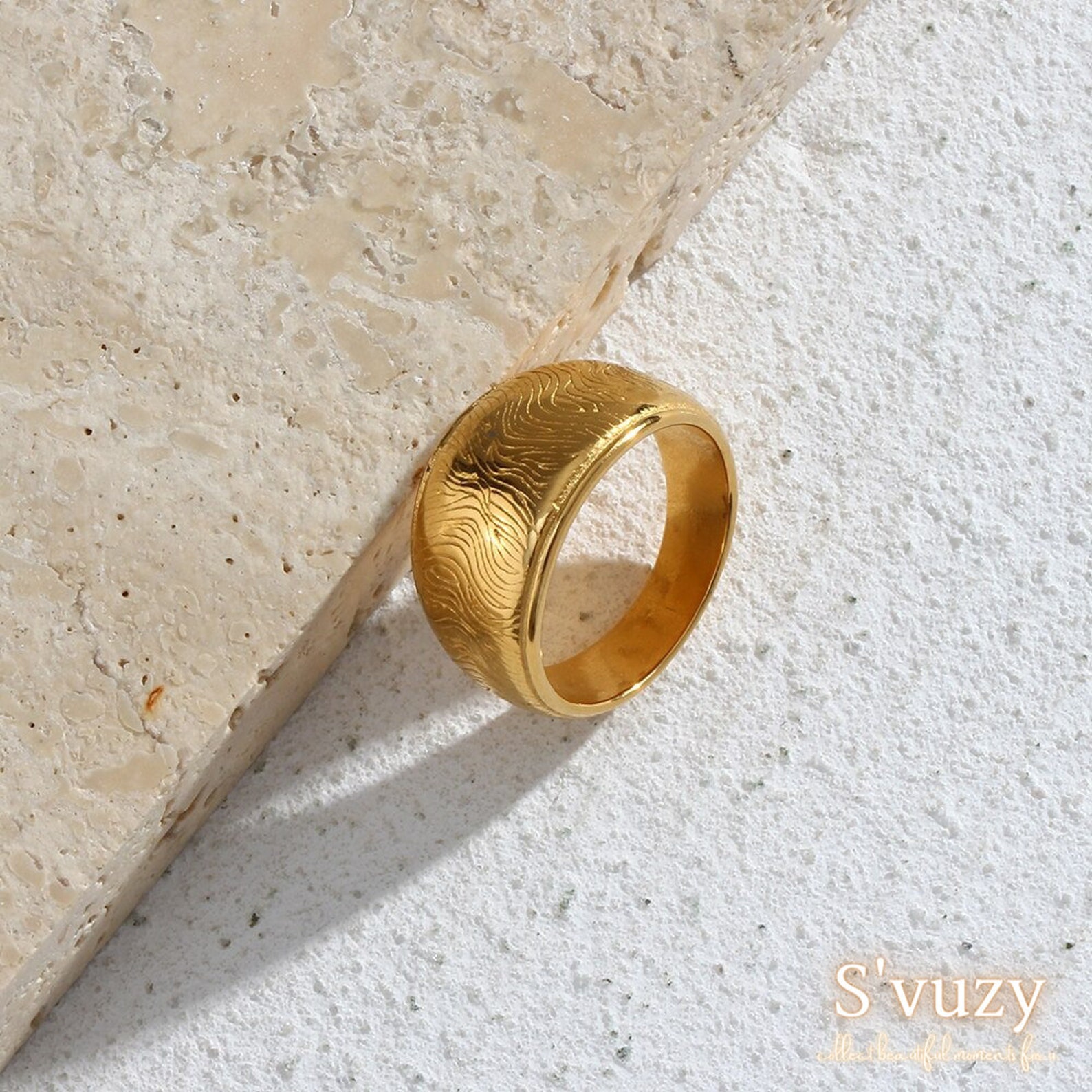 18K Gold Band Ring Bold Wide Round Texture Engraved Stainless - Etsy