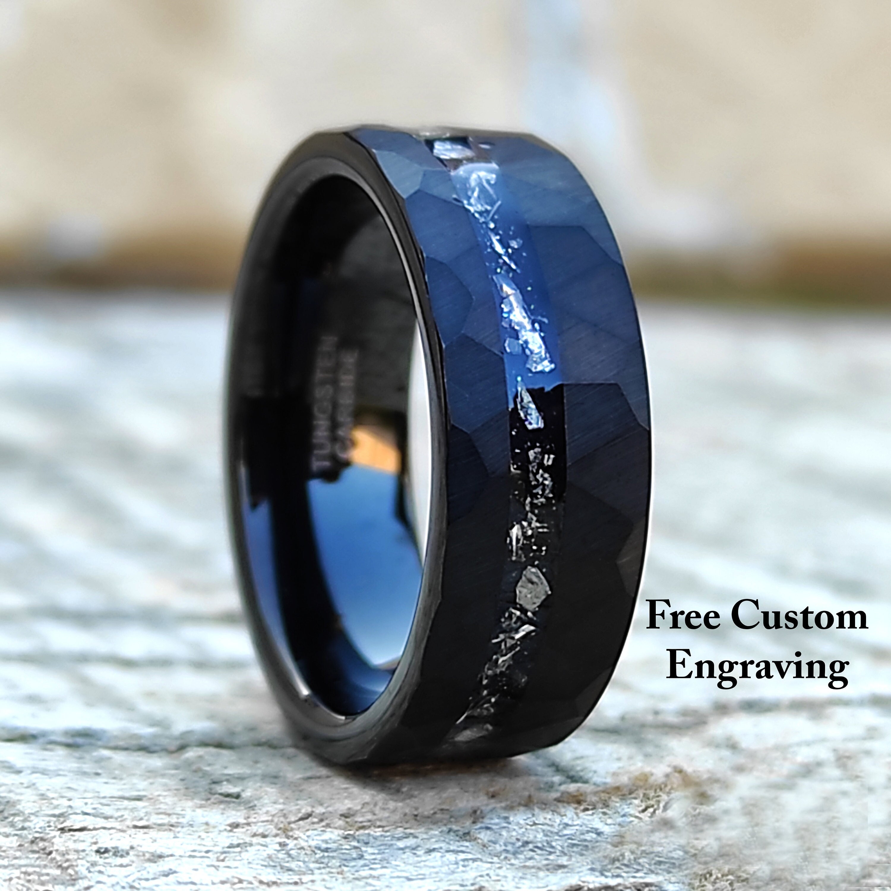 8mm Hammered Ring for Mens Aluminum Slag Inlay Black Tungsten Carbide ...