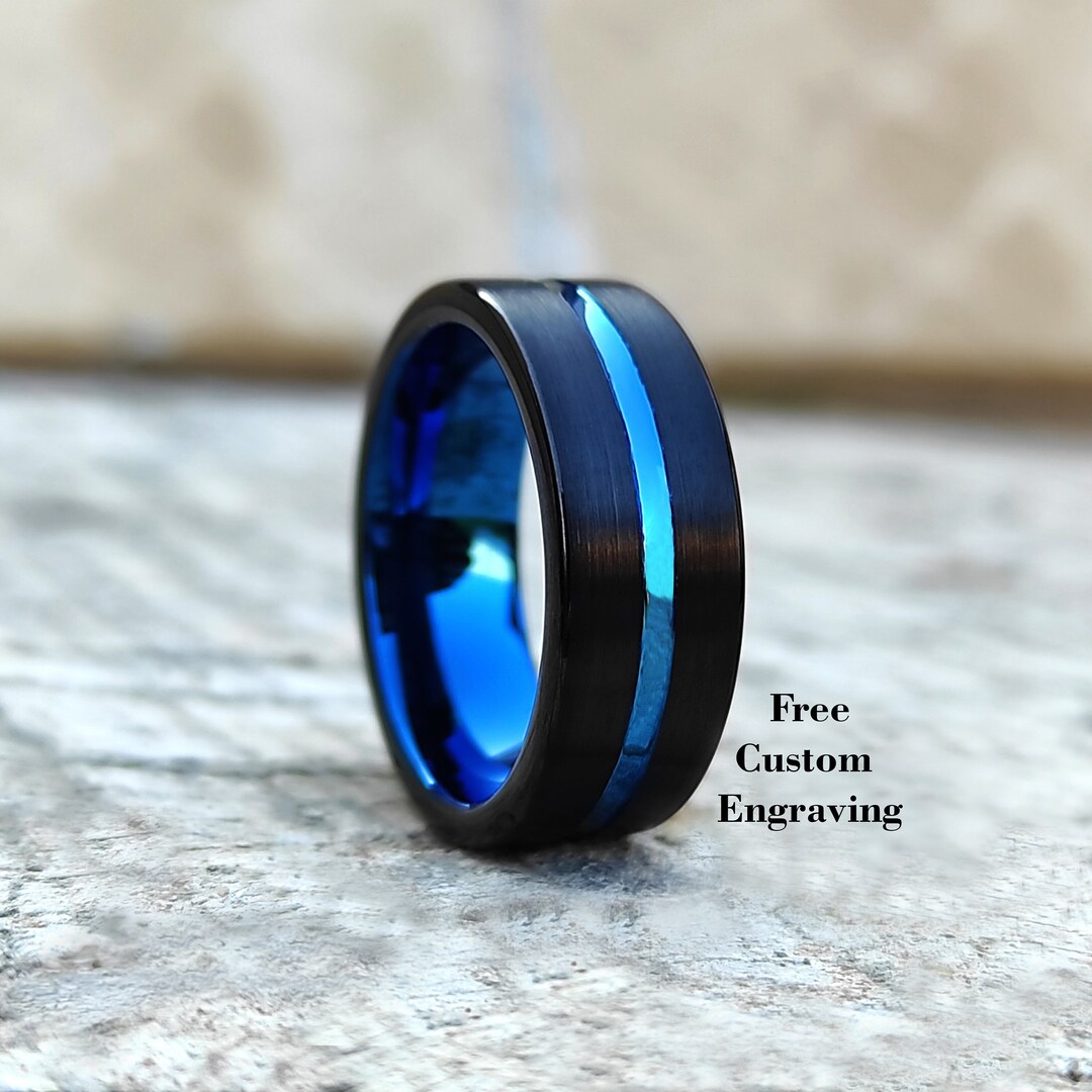 Tungsten Ring, Men's Tungsten Ring, Blue Line Brushed Tungsten, Mens ...