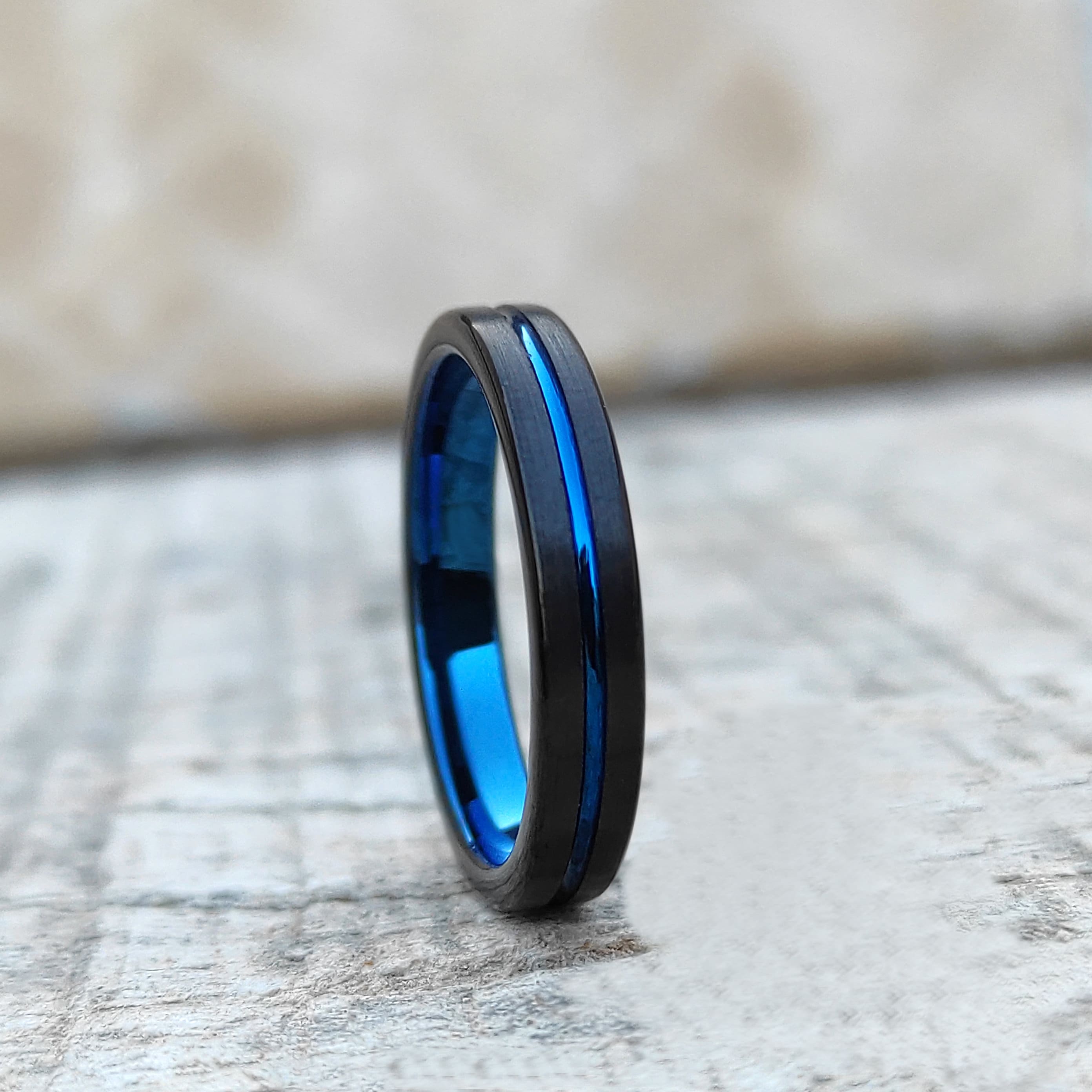 Tungsten Ring 4MM Women Tungsten Ring, Blue Line Brushed Tungsten ...