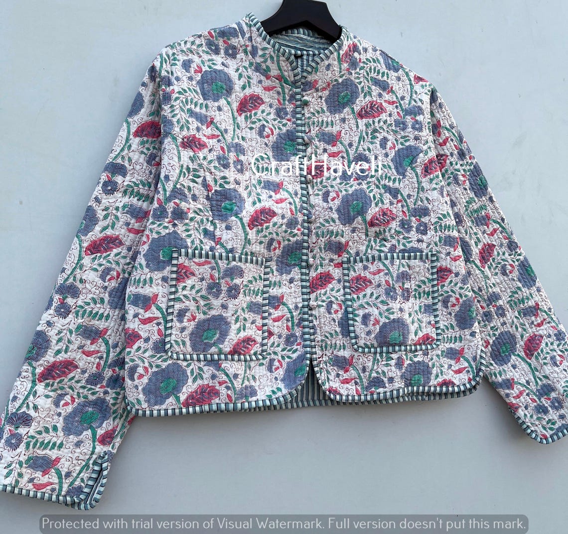 Hand Quilted Short Jacket, Jacket for Women, Cotton Long Sleeve Jacket ...