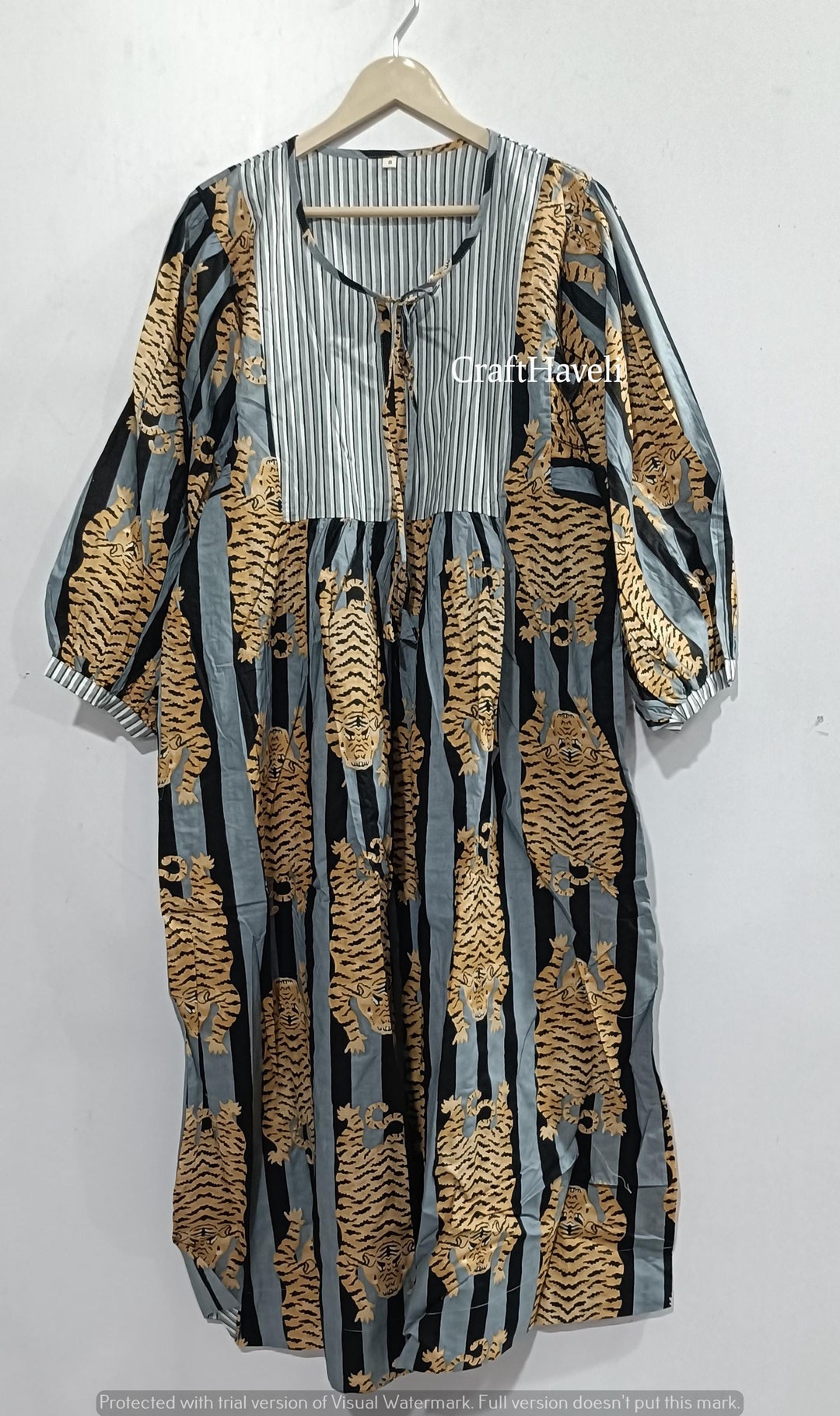 Indian Cotton Midi Dress, Tiger Print Dress ,gray Striped Women Dresses ...