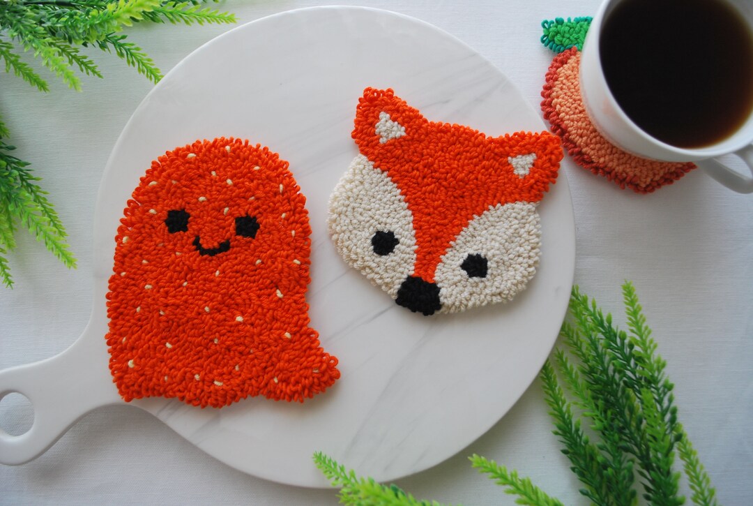 Set of 2 Punch Needle Cute Coasters Fox and Ghost, Housewarming Small ...