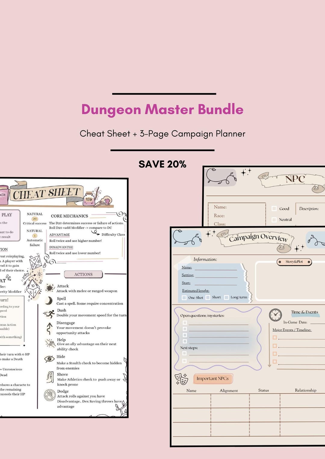 Ultimate D&D Campaign Bundle: Dungeon Master Campaign Planner (3 Pages) and Player Cheat Sheet ...