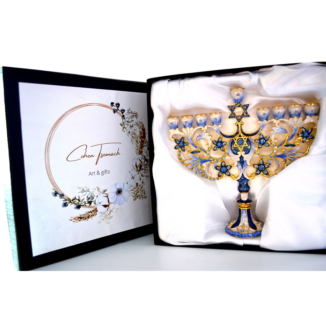 Cohen Tsemach Art & Gift Hand Painted Enamel Menorah Star of David Blue ...