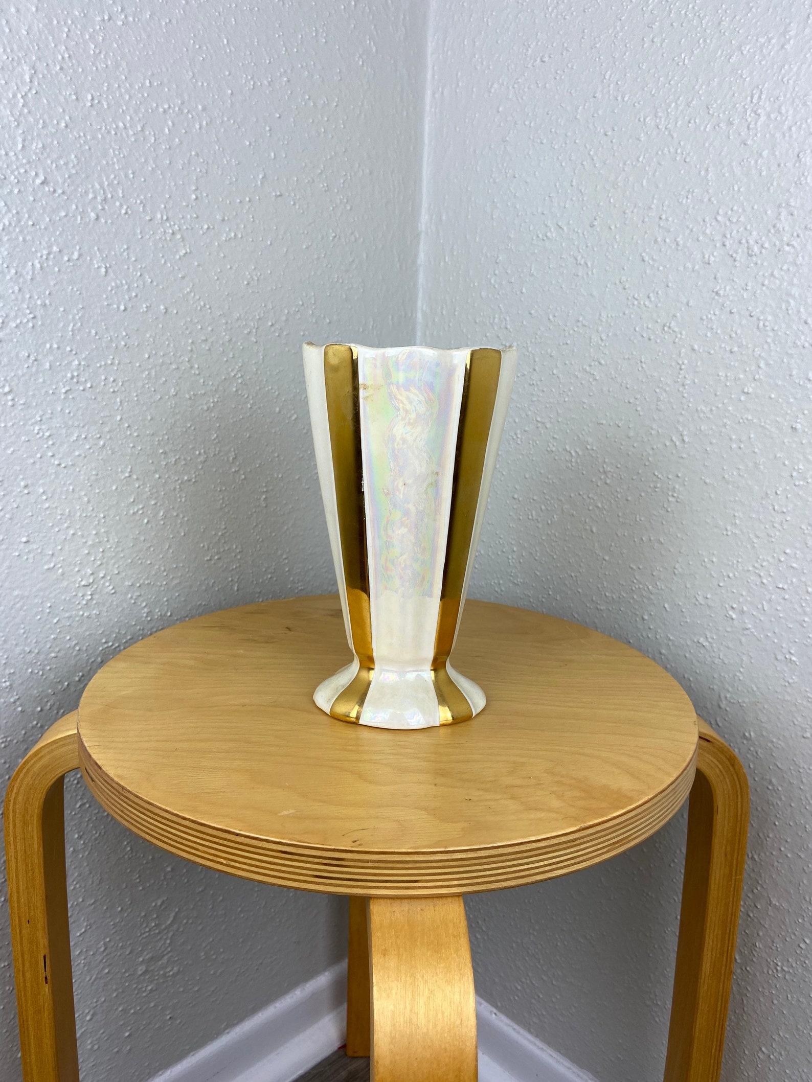 Vintage Cream Pearlescent Vase W/ Warranted 22k Gold Striping. Made in ...