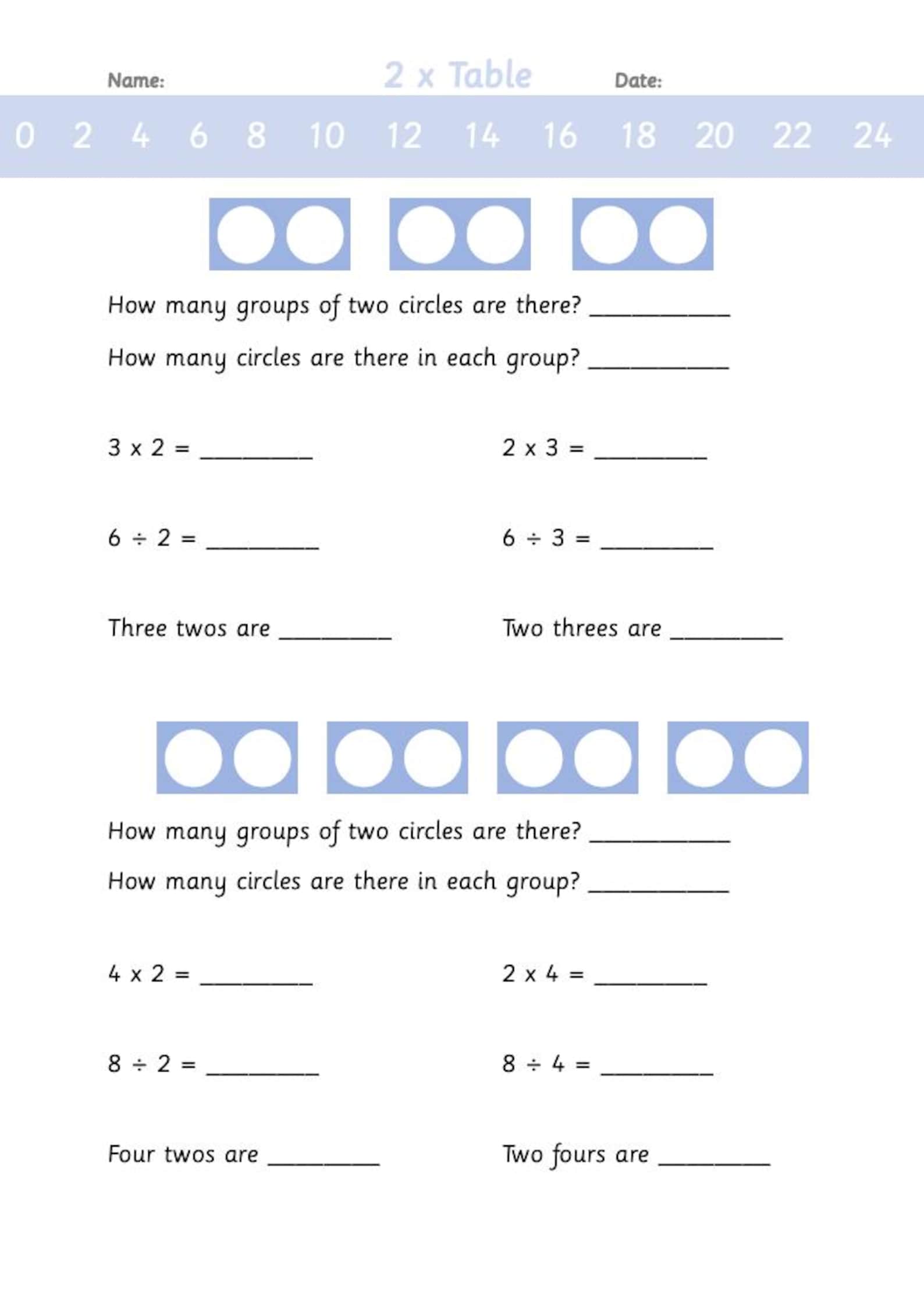 Two Times Table Worksheets 6 Pages - Etsy