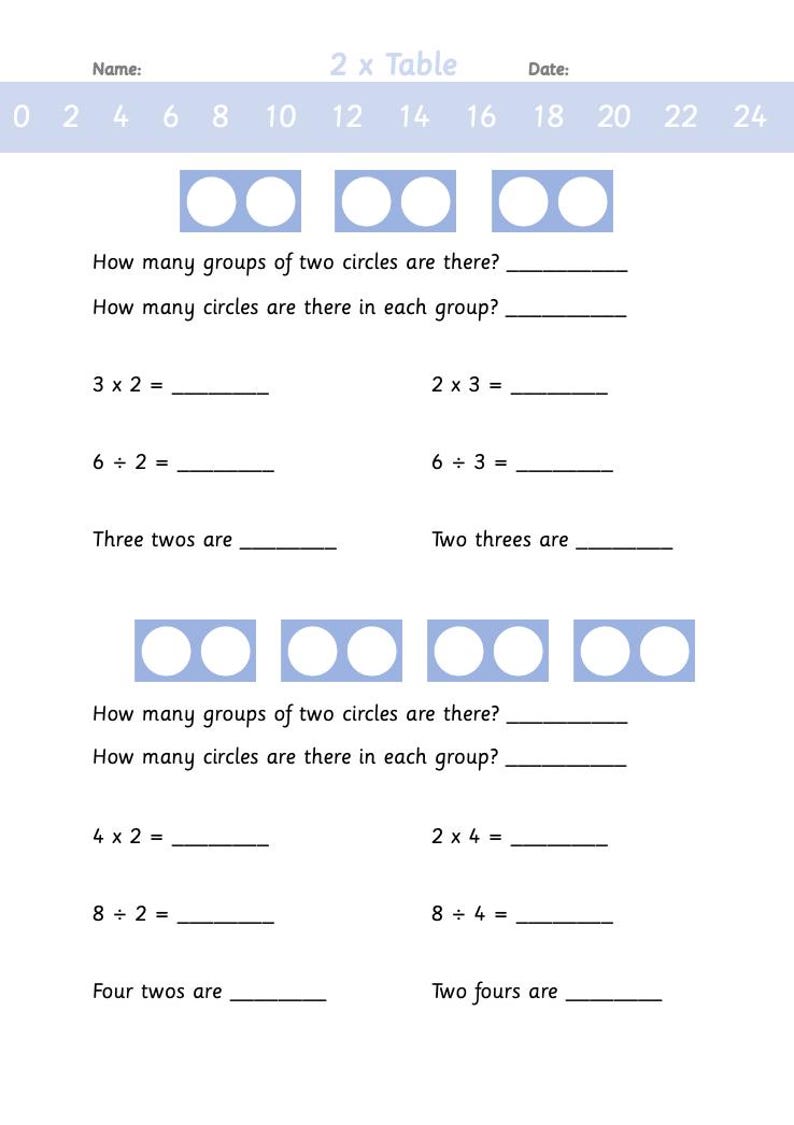 Two Times Table Worksheets 6 Pages - Etsy