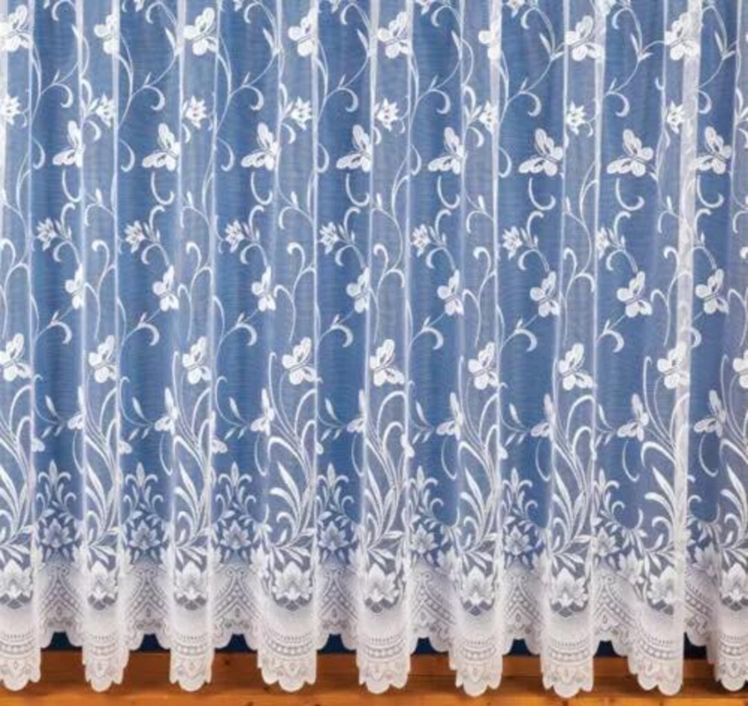 Butterfly Floral White Net Curtain Scallop Bottom Made to Measure Any ...