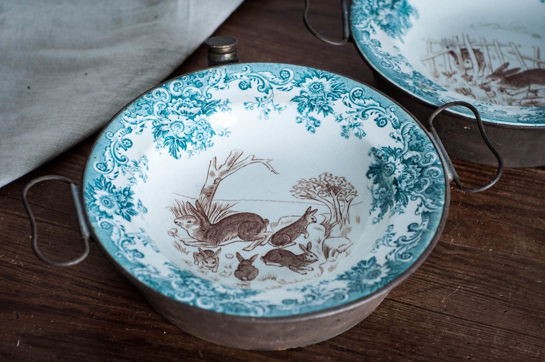Victorian Hot Water Plates With Blue and White Flower Decor and Rabbits ...
