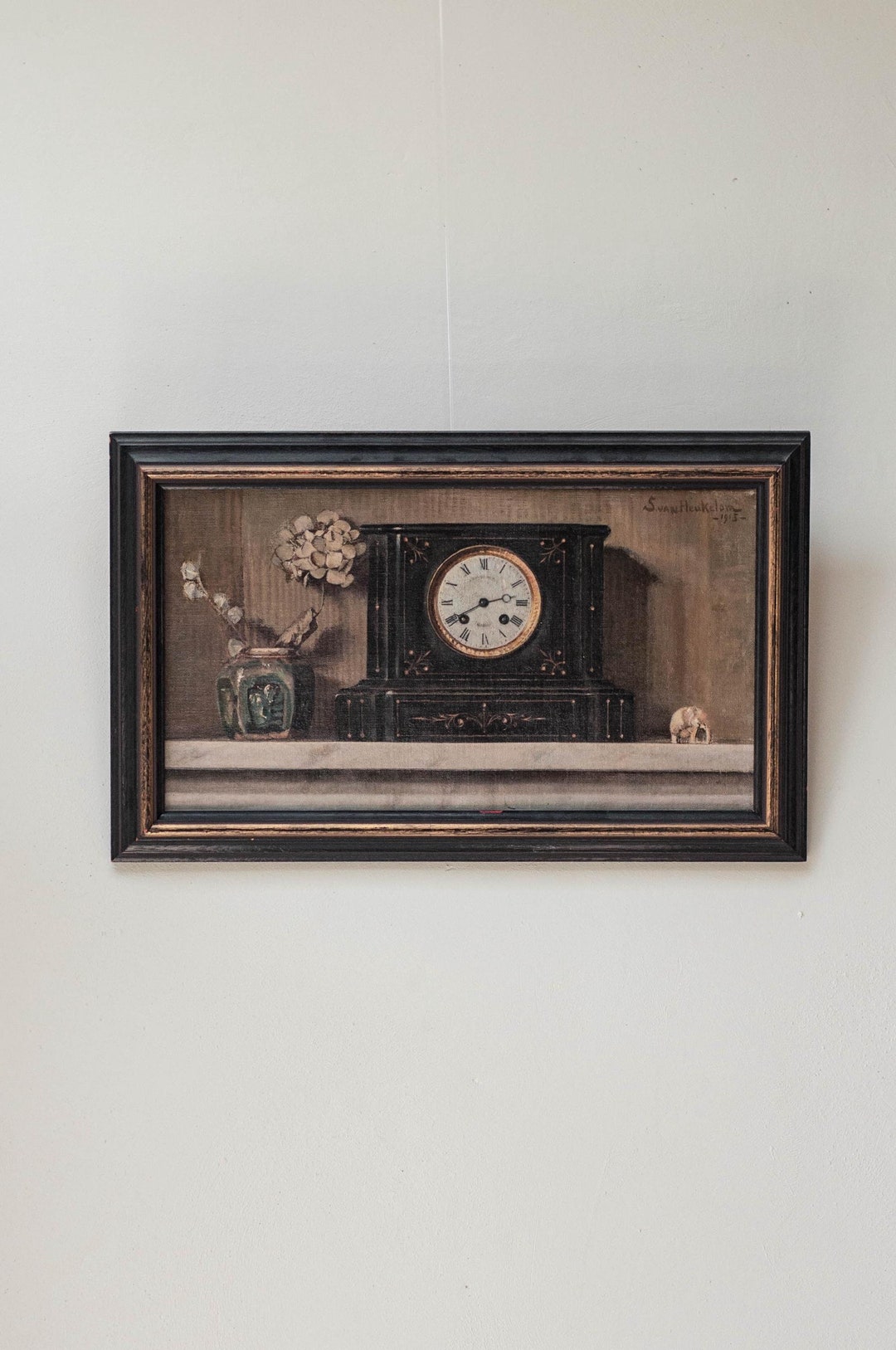 Antique Still-life Painting With a Clock, Ginger Jar and Statuette ...