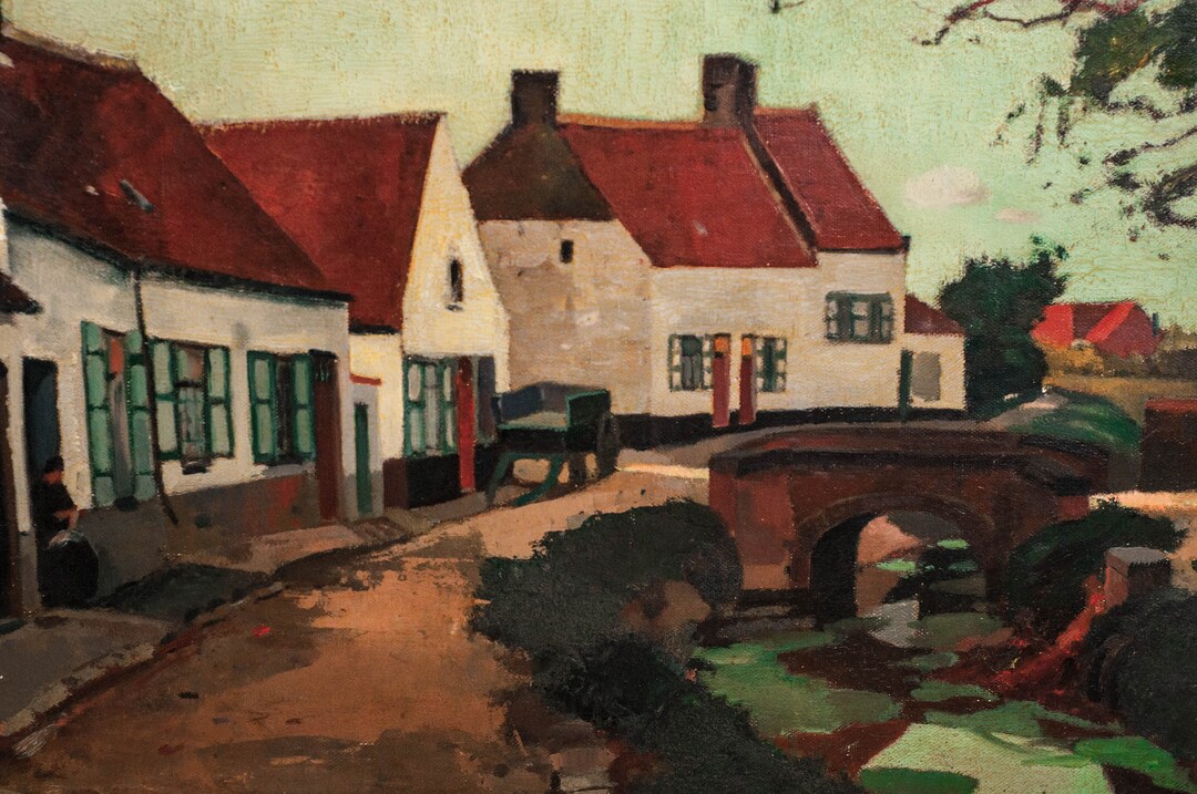 Original Antique Oil Painting Cottages in Bruges Charles Lebon Rural ...