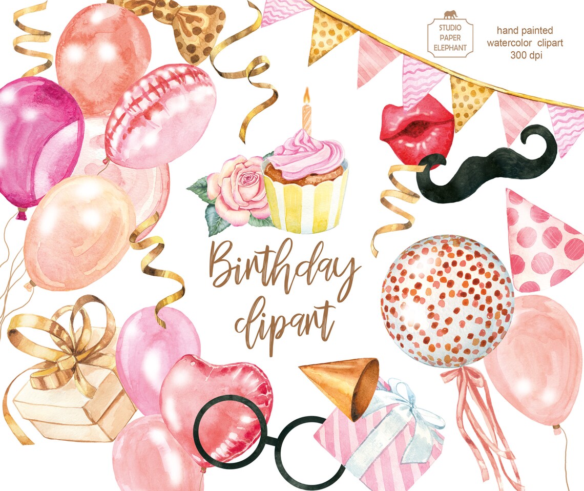 Watercolor Birthday Clipart: Party Decorations, Balloons (PNG, Instant ...