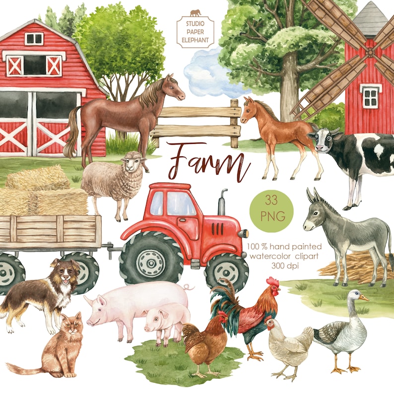 Watercolor Farm Clipart: Animals, Barn, Tractor (PNG Digital Download ...