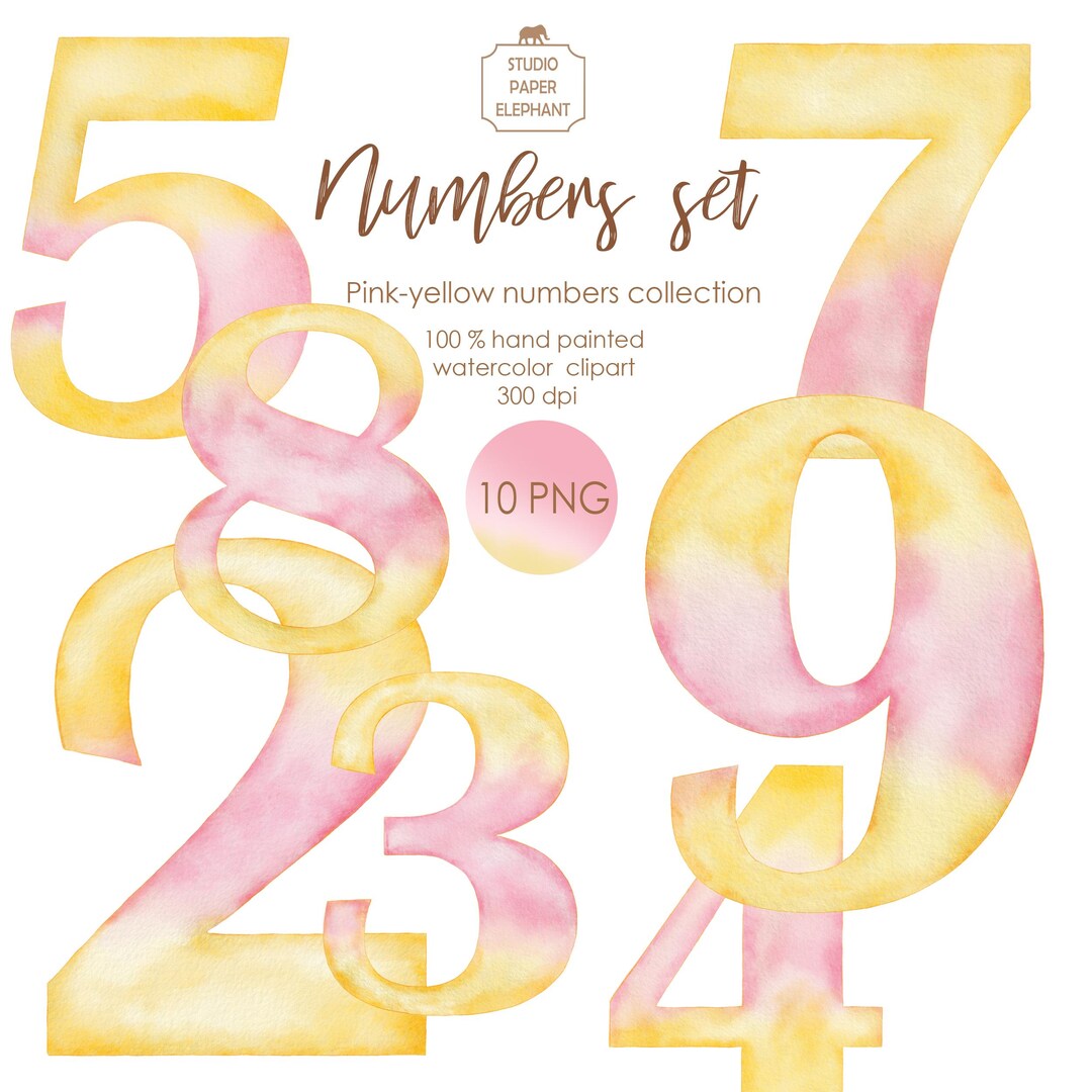Watercolor Numbers Clipart: Pink & Yellow, DIY Invitation (PNG) - Etsy