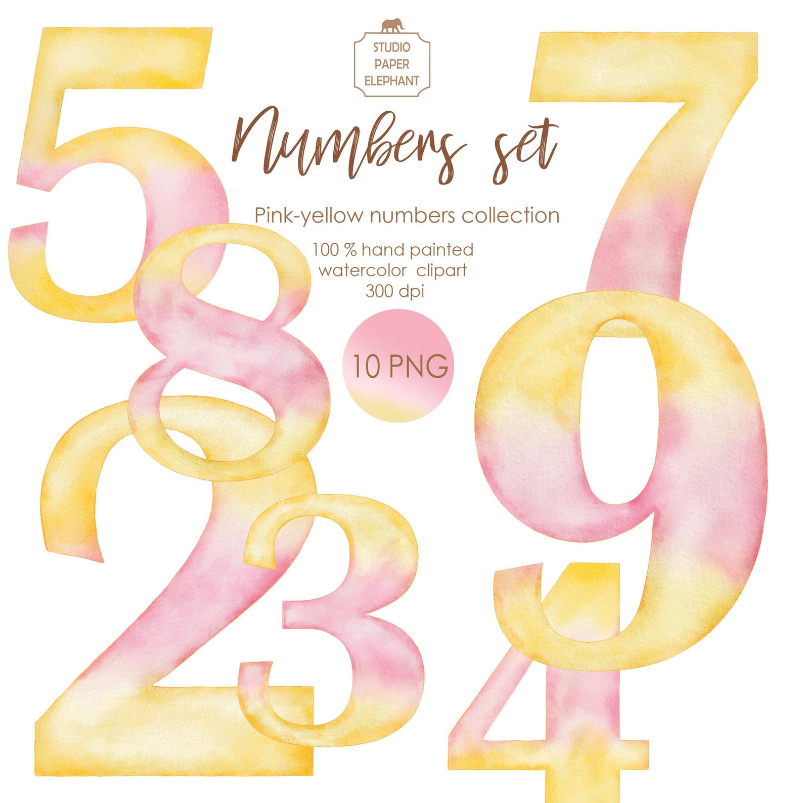 Watercolor Numbers Clipart: Pink & Yellow, DIY Invitation (PNG) - Etsy