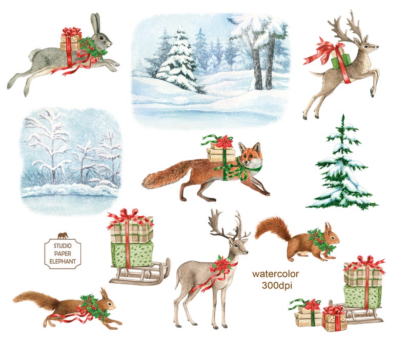 Forest Animals Christmas Clipart Fox Hare Deer Squirrel - Etsy