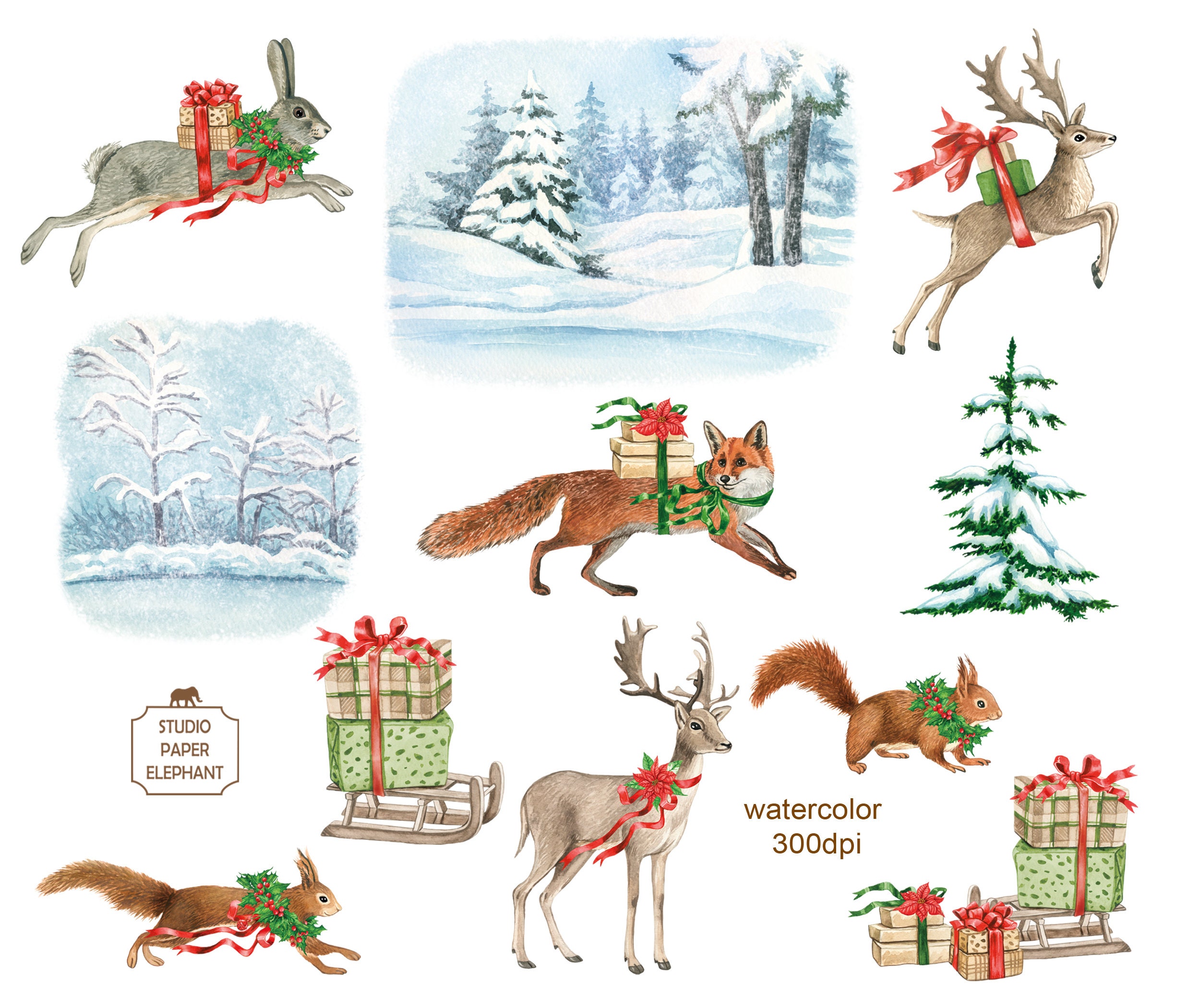Forest Animals Christmas Clipart Fox Hare Deer Squirrel - Etsy
