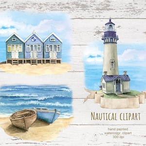 Watercolor Nautical Clipart: Beach, Lighthouse, Sea (PNG, Instant ...