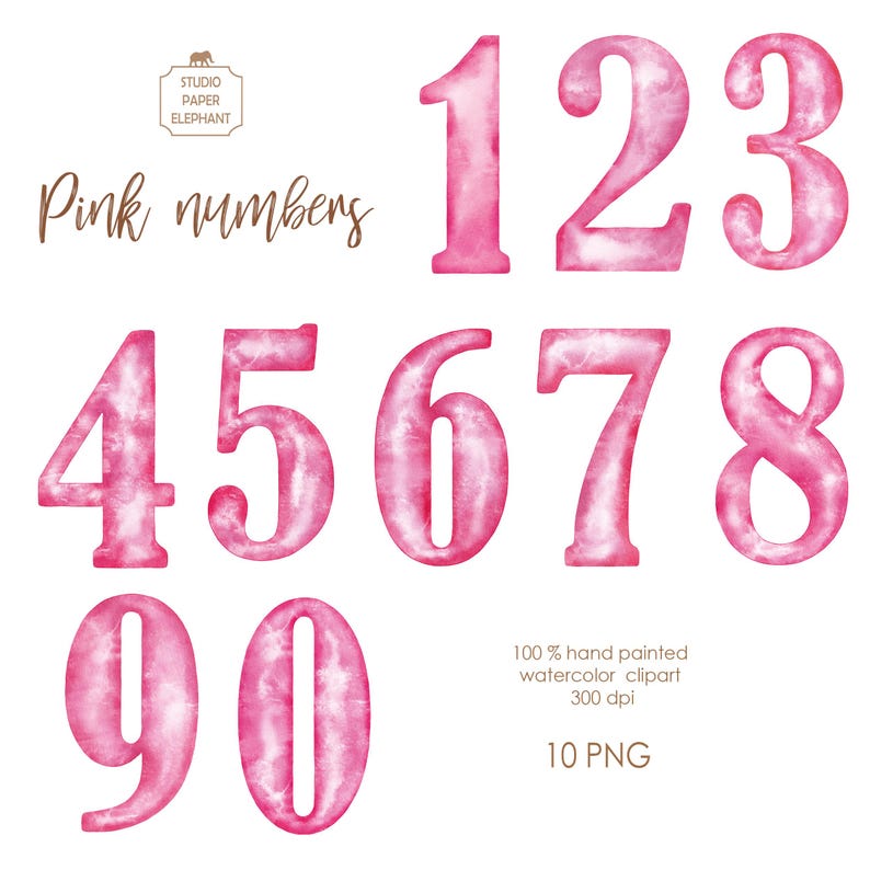 Watercolor Pink Numbers Clipart: Birthday & Wedding DIY (PNG Digital ...