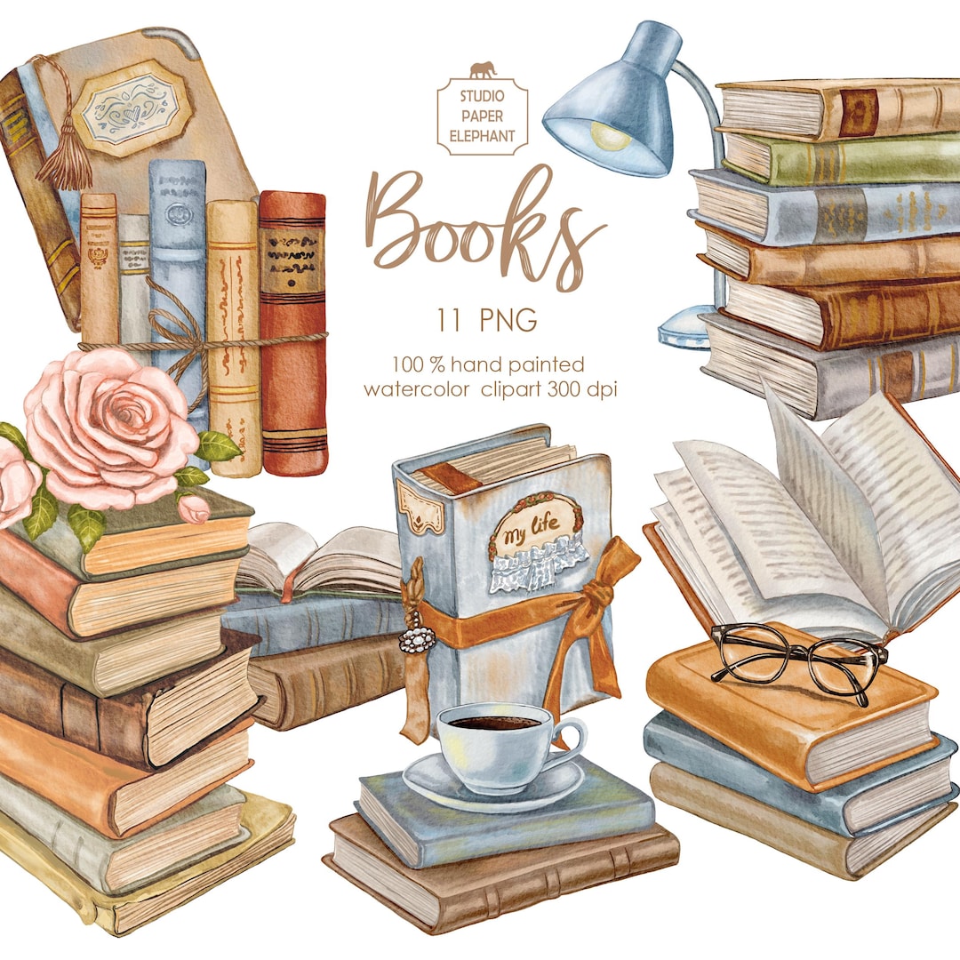Watercolor Book Clipart, Reading Clipart, Stacks of Books, PNG, Instant ...