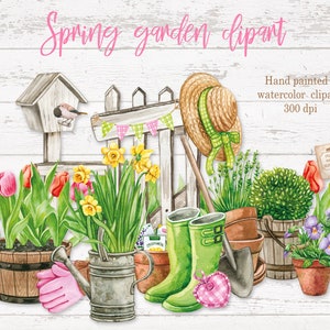 Watercolor Spring Garden Clipart, Spring Flowers in Pots, Farmhouse ...