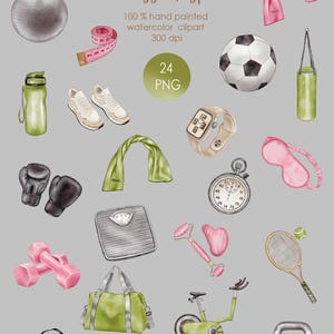 Watercolor Fitness Sport Clipart, Sports Equipment, Training, Green ...