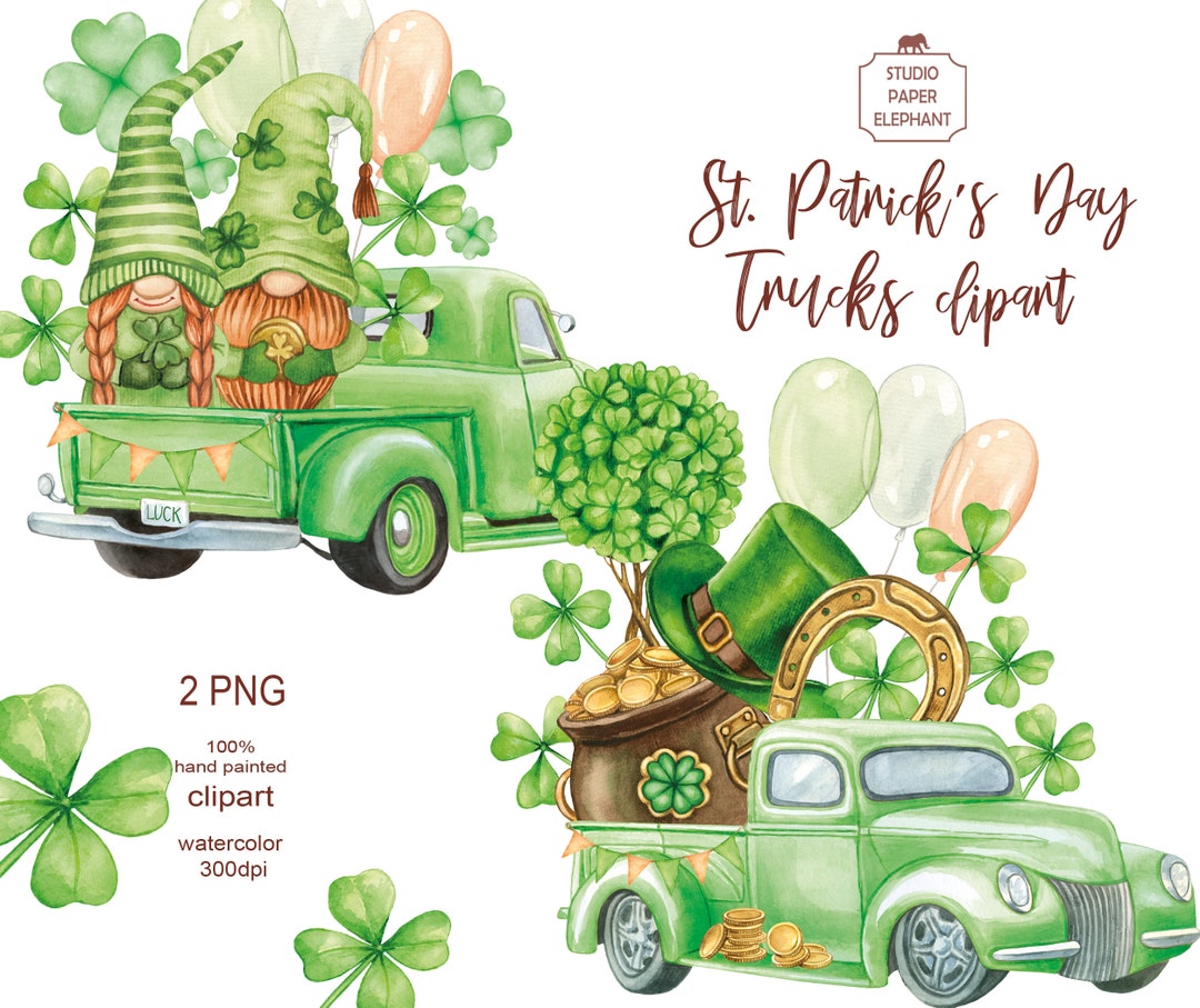 St. Patrick's Day Truck Clipart: Gnomes, Shamrock, Watercolor (PNG ...