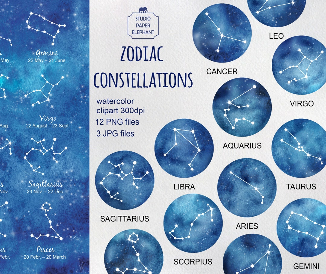 Watercolor Zodiac Constellations Clipart: Galaxy PNG Graphics (digital ...