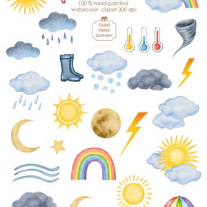 Watercolor Weather Clipart Atmospheric Phenomena for Children Clouds ...