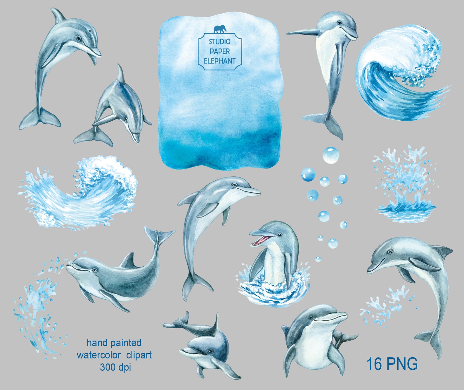 Watercolor Dolphins Clipart Sea Waves Clipart Sea Splashes - Etsy