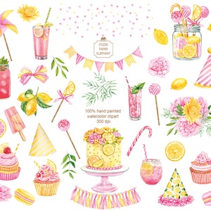 Watercolor Pink Lemonade Party Clipart: Summer Birthday (PNG, Instant ...