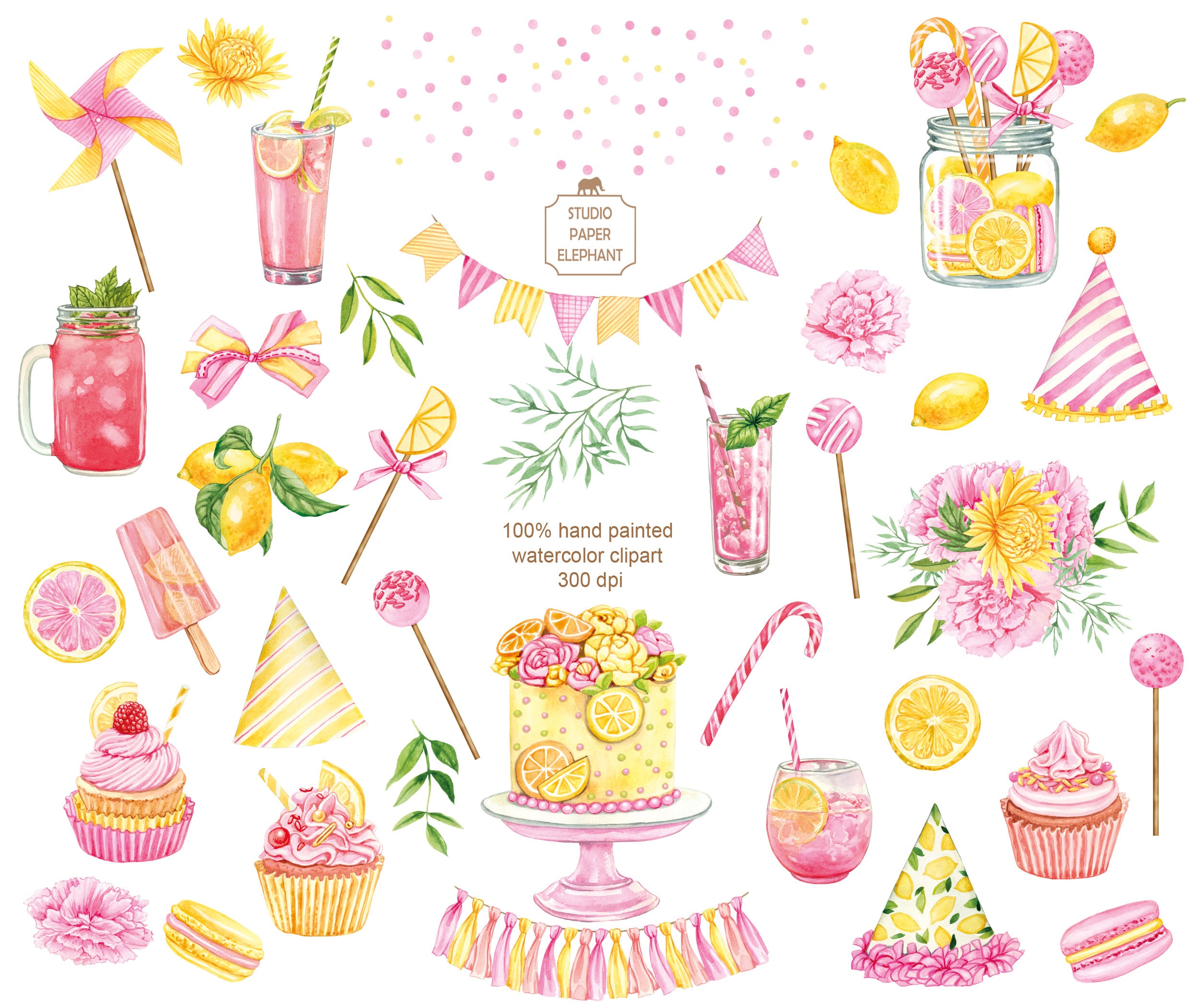Watercolor Pink Lemonade Party Clipart: Summer Birthday (PNG, Instant ...