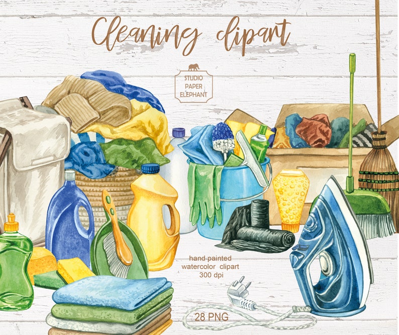 Cleaning Clipart Watercolor Cleaning Supplies Clipart Etsy