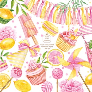 Watercolor Pink Lemonade Party Clipart: Summer Birthday (PNG, Instant ...