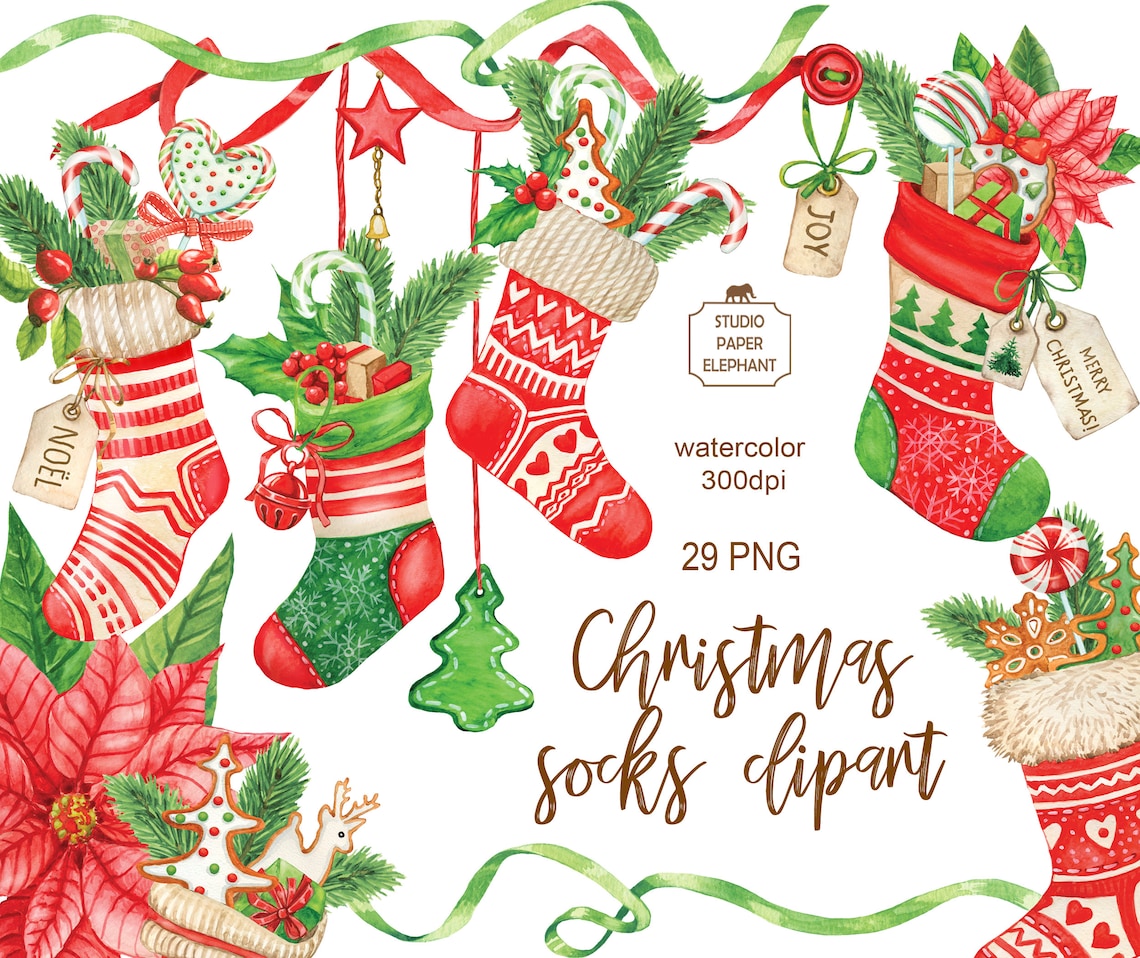 Watercolor Christmas Socks Clipart Santa Clipart Christmas - Etsy