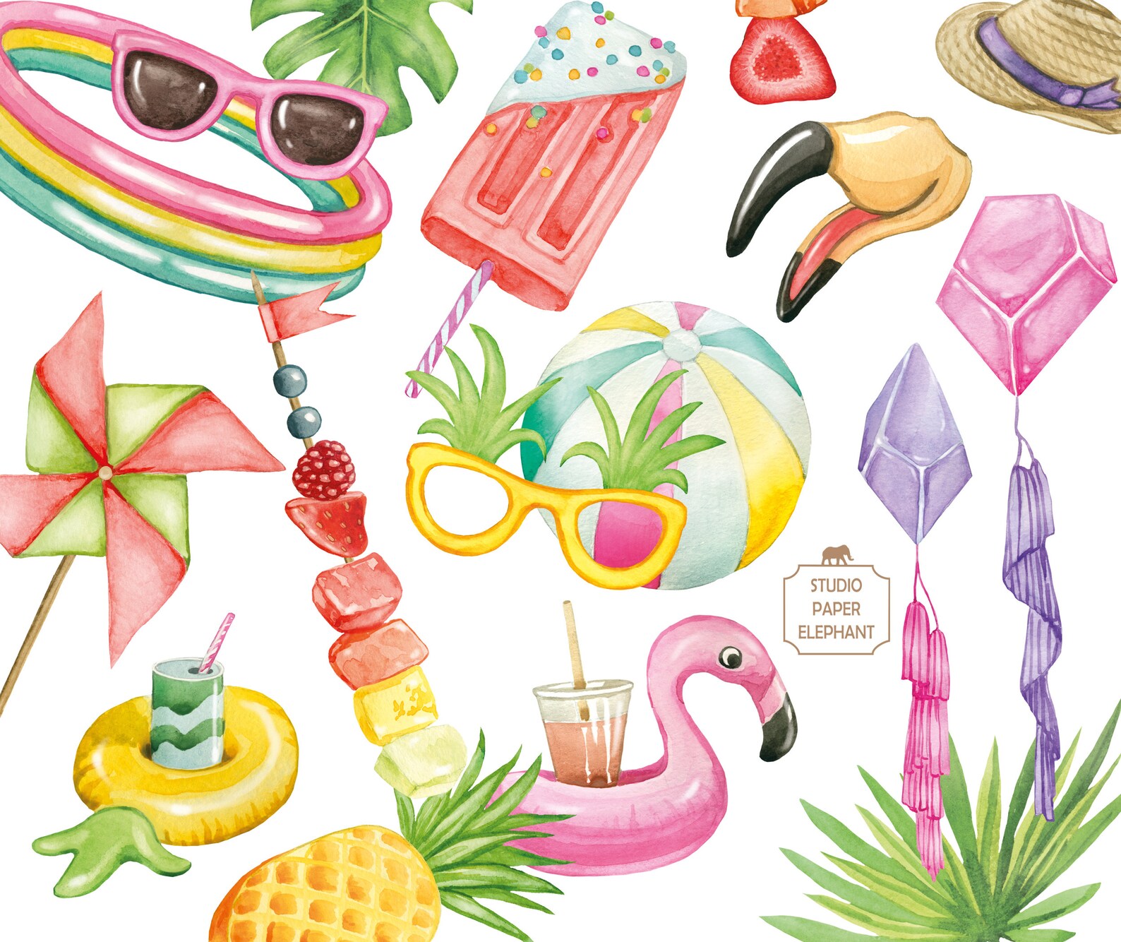 Watercolor Summer Party Clipart: Beach & Pool Designs (PNG, Digital ...