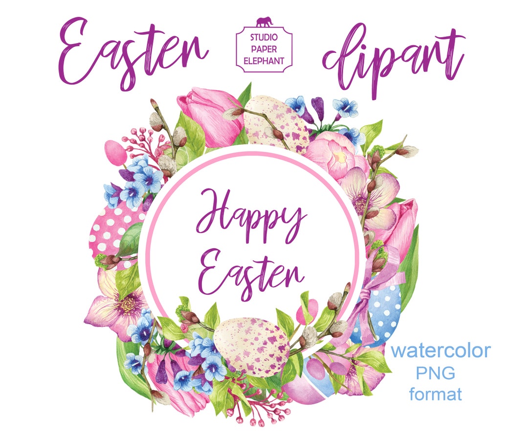 Watercolor Easter Wreath Clipart: Spring Flowers, Easter Eggs (PNG ...