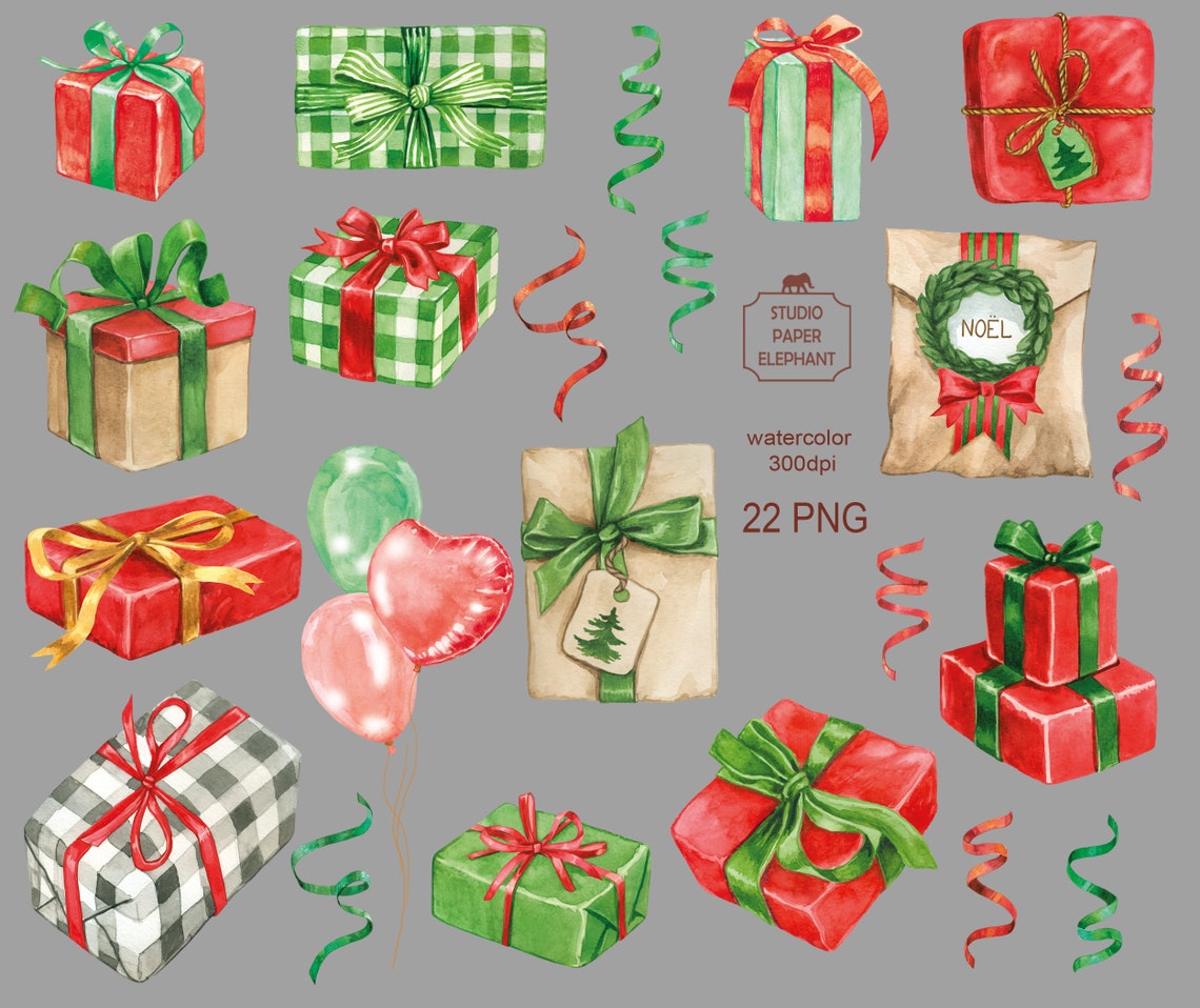 Watercolor Christmas Gifts Gift Boxes Christmas Clipart - Etsy