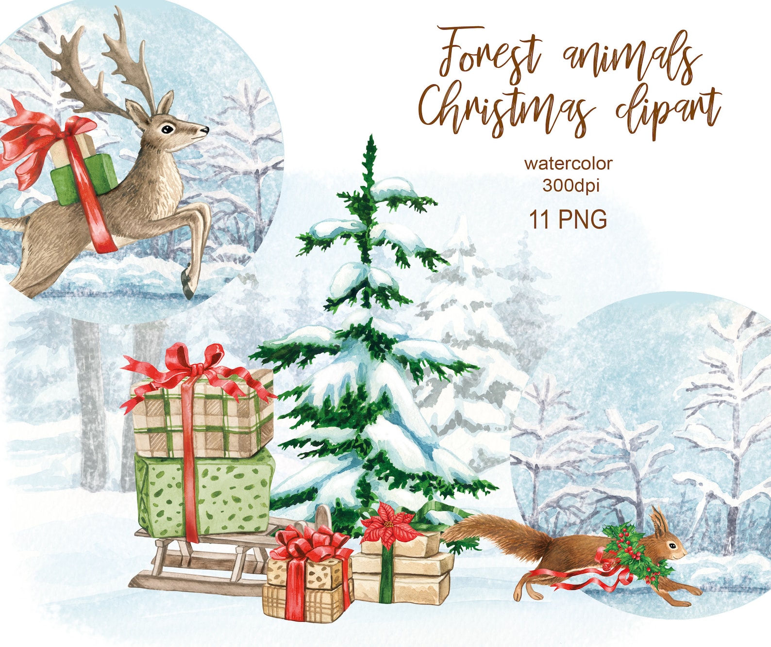 Forest Animals Christmas Clipart Fox Hare Deer Squirrel - Etsy