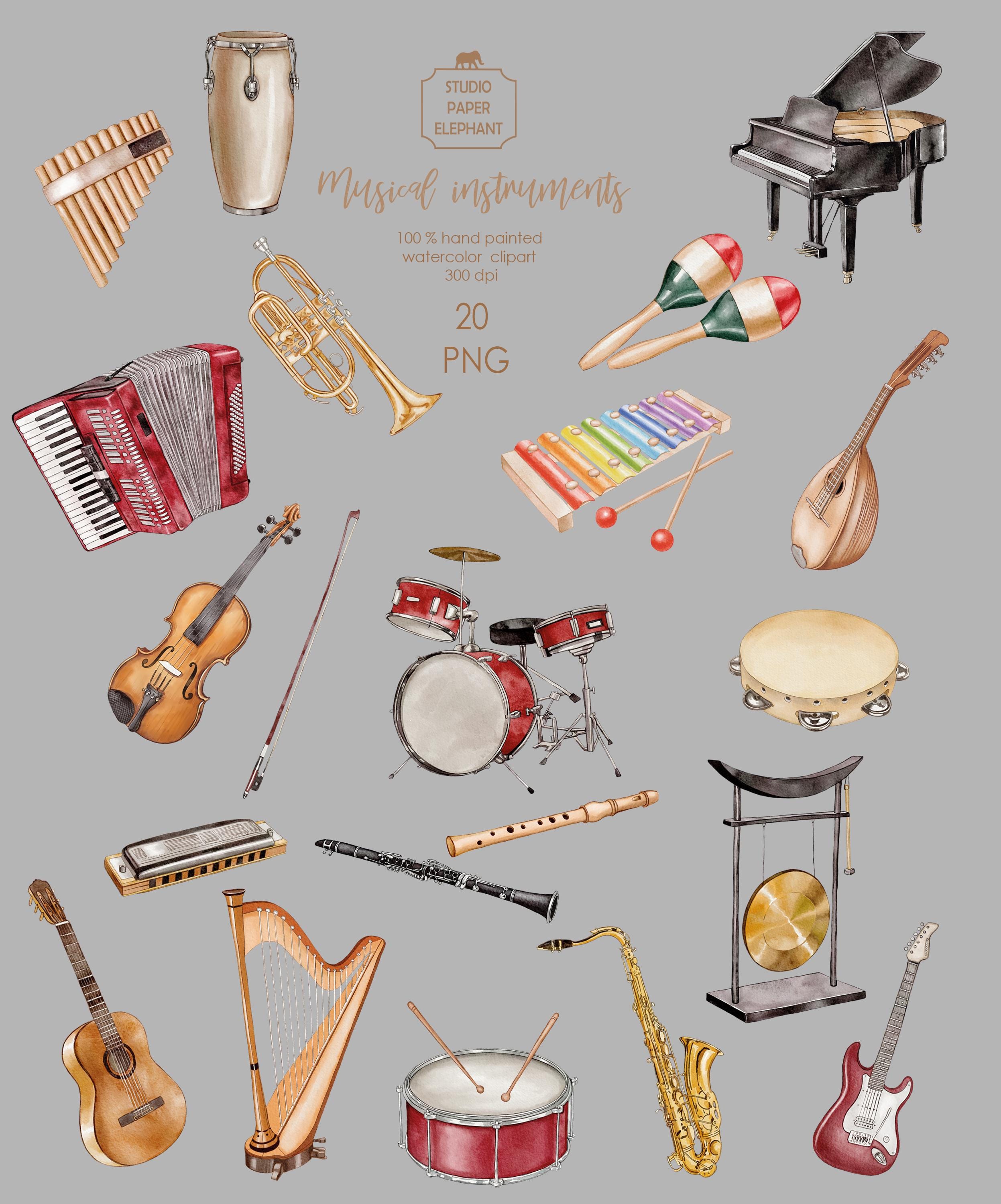 Watercolor Musical Instruments Clipart: PNG Set for Music Decor ...