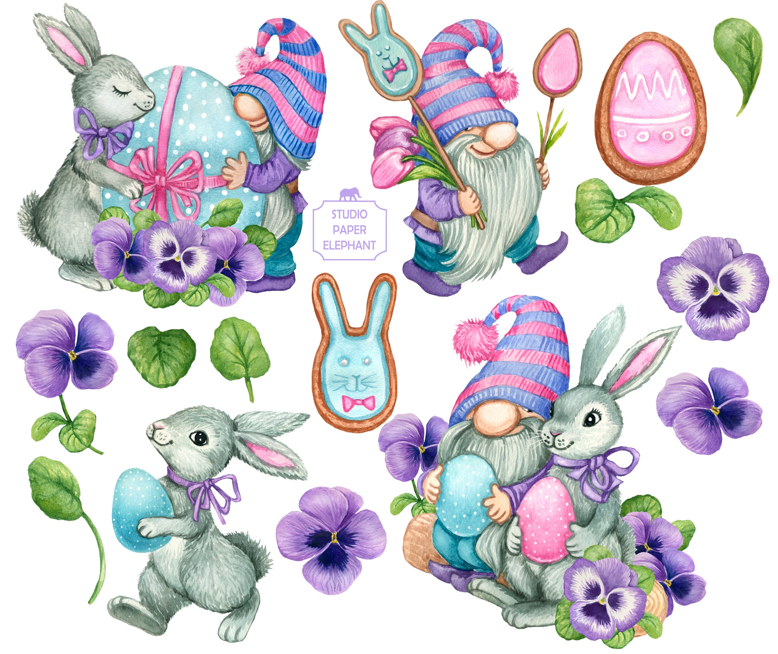 Watercolor Easter Gnomes Easter Bunny Easter Eggs Spring - Etsy